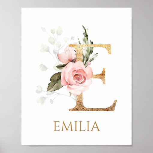 Letter E Monogram pink rose Nursery Poster | Zazzle