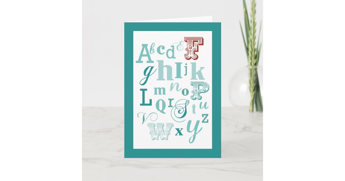 Letter F Initial Name Alphabet Birthday Teal & Red Card | Zazzle