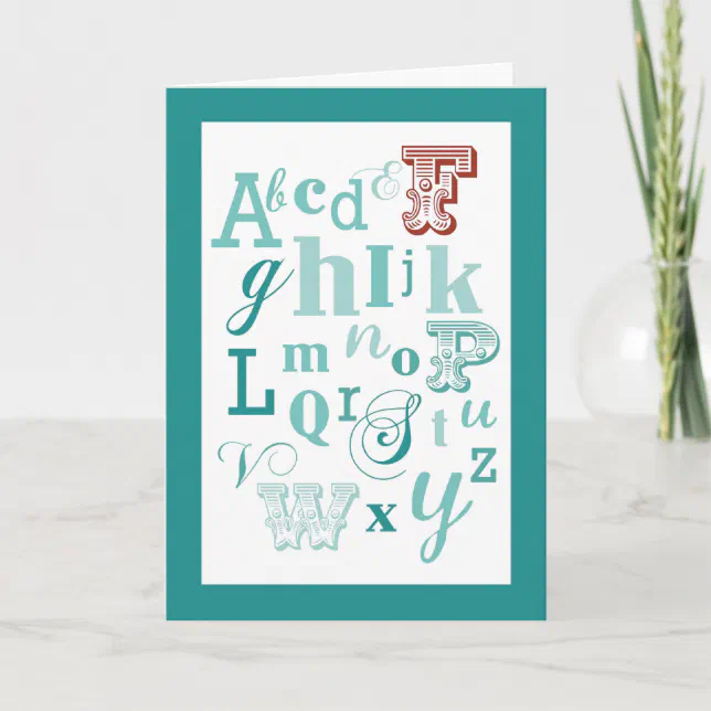Letter F Initial Name Alphabet Birthday Teal & Red Card | Zazzle