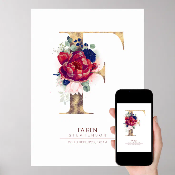 Letter F Monogram Floral Navy Blue and Burgundy Poster | Zazzle