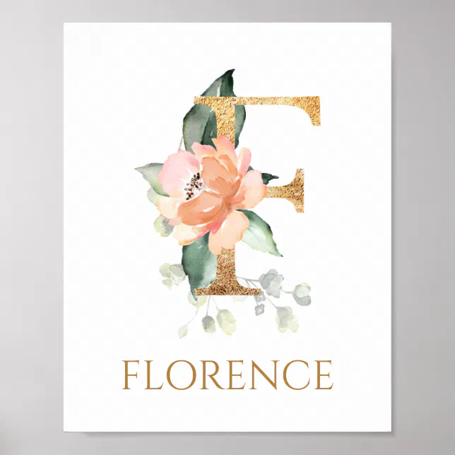 Letter F Monogram Pink Peach rose Nursery Poster | Zazzle