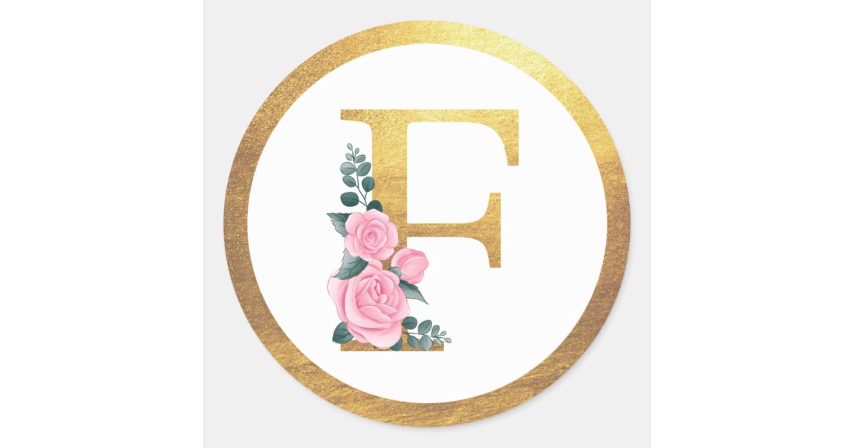 Letter F Monogram Pink Roses Floral & Elegant Gold Classic Round ...