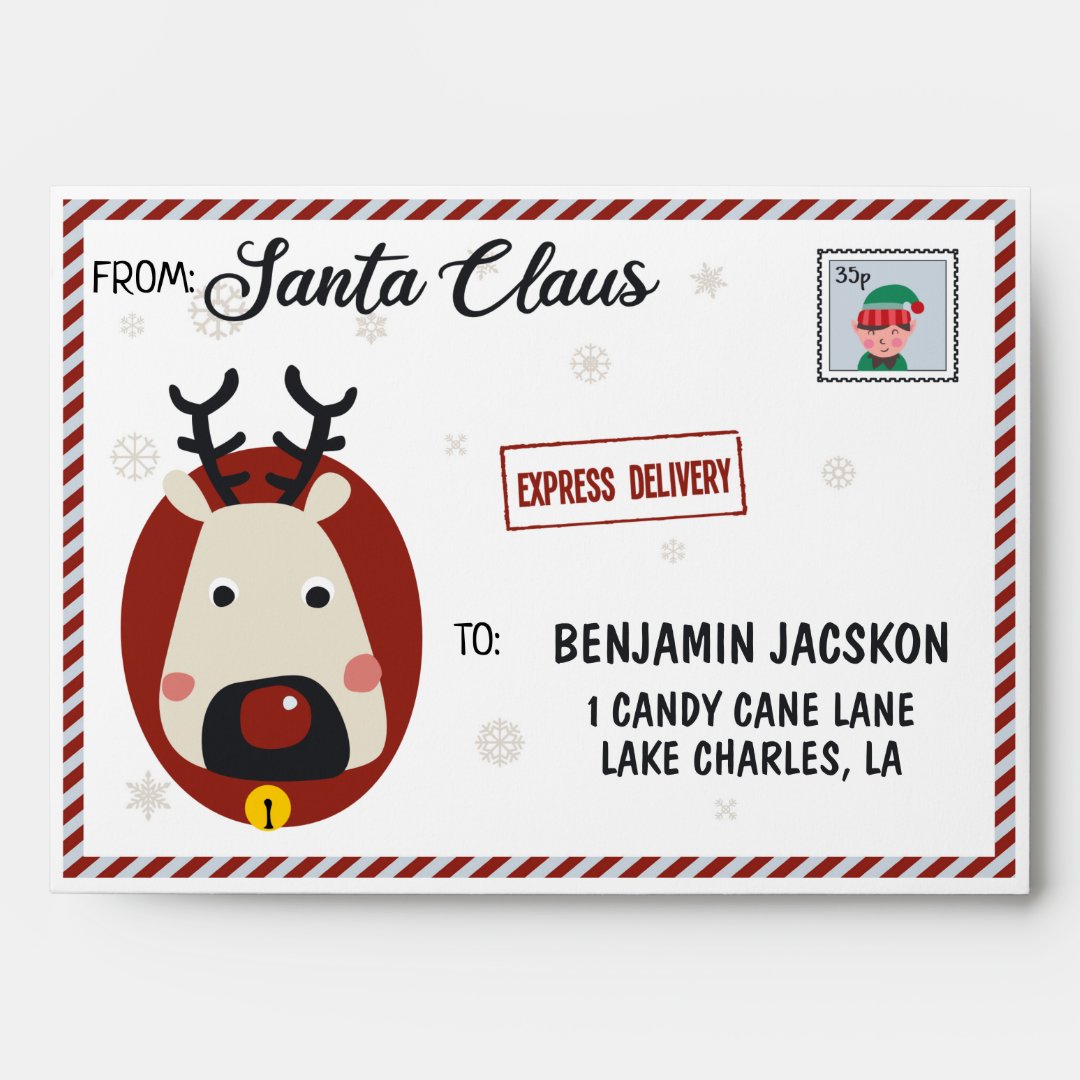 Letter from Santa reindeer snowflakes & elf stamp Envelope | Zazzle
