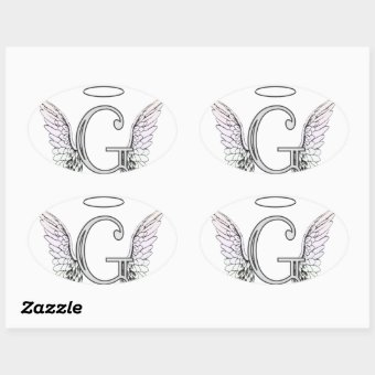 Letter G Initial Monogram with Angel Wings & Halo Oval Sticker | Zazzle