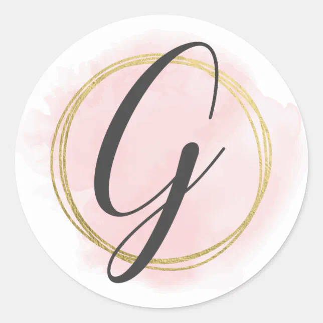 Letter G Monogram Blush Pink Watercolor Gold Chic Classic Round Sticker ...