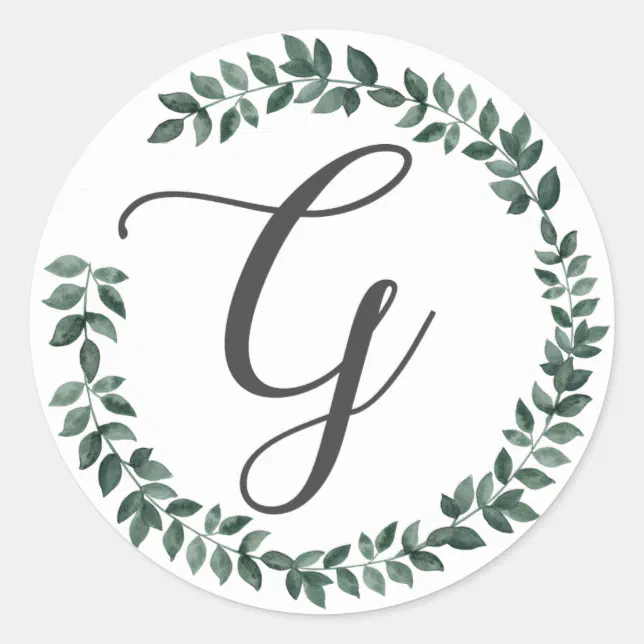 Letter G Monogram Minimalist Botanical Leaf Wreath Classic Round ...