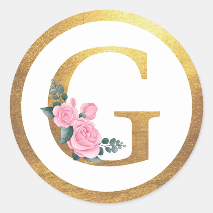 Letter G Monogram Pink Roses Floral & Elegant Gold Classic Round ...