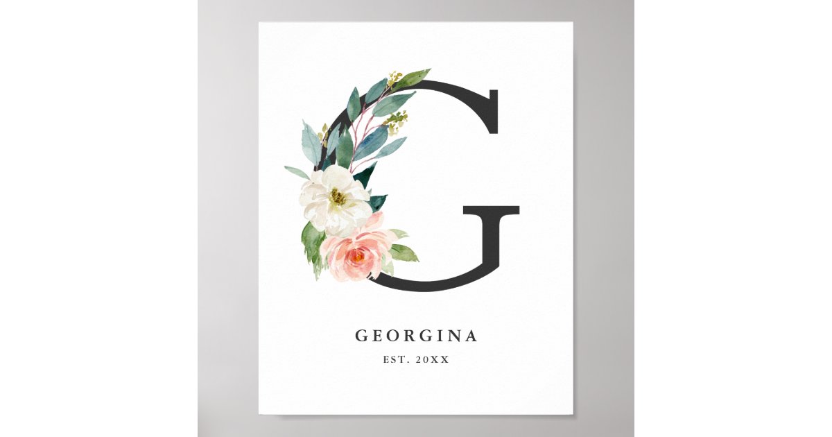 Letter G Monogram Watercolor Peach Florals Nursery Poster | Zazzle