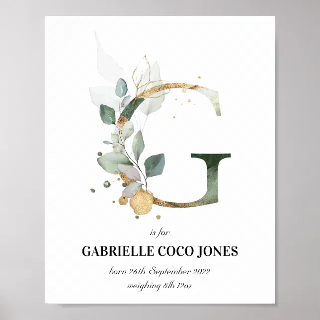 Letter G New Baby Monogram Birth Print Greenery | Zazzle