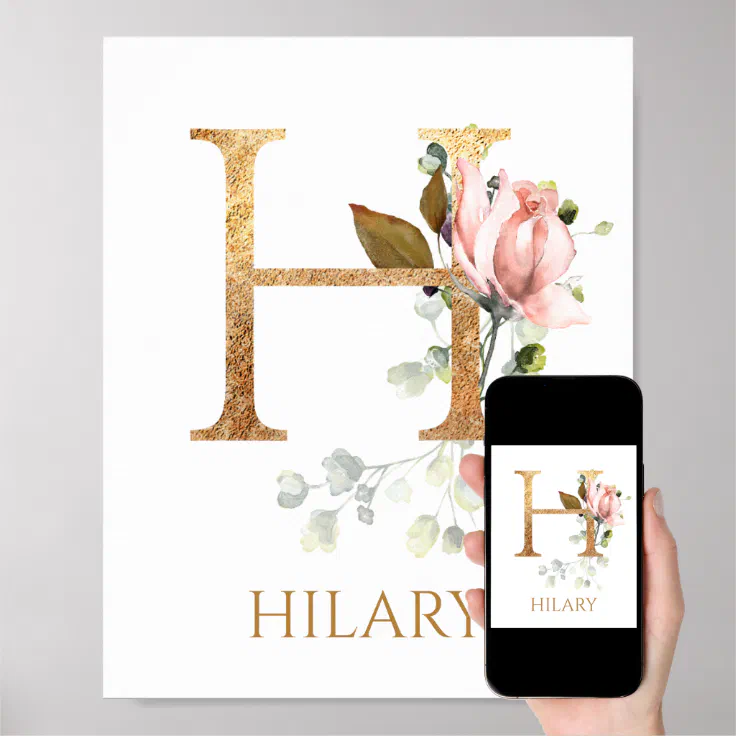Letter H Monogram Pink Peach rose Nursery Poster | Zazzle