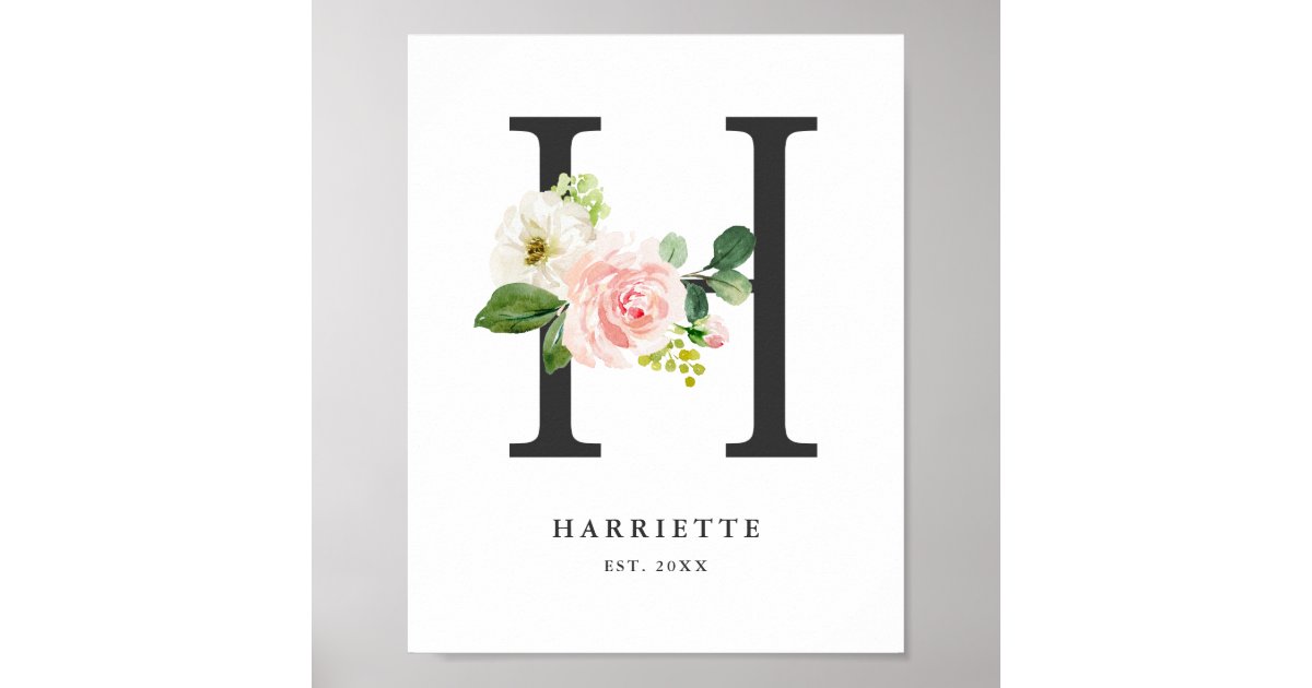 Letter H Monogram Watercolor Peach Florals Nursery Poster | Zazzle