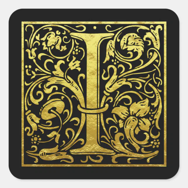 Letter I First Letter Faux Gold Black Square Sticker | Zazzle