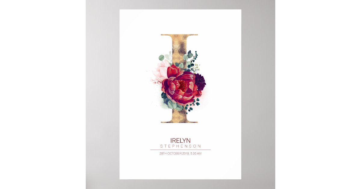 Letter I Monogram Floral Burgundy Red and Gold Poster | Zazzle