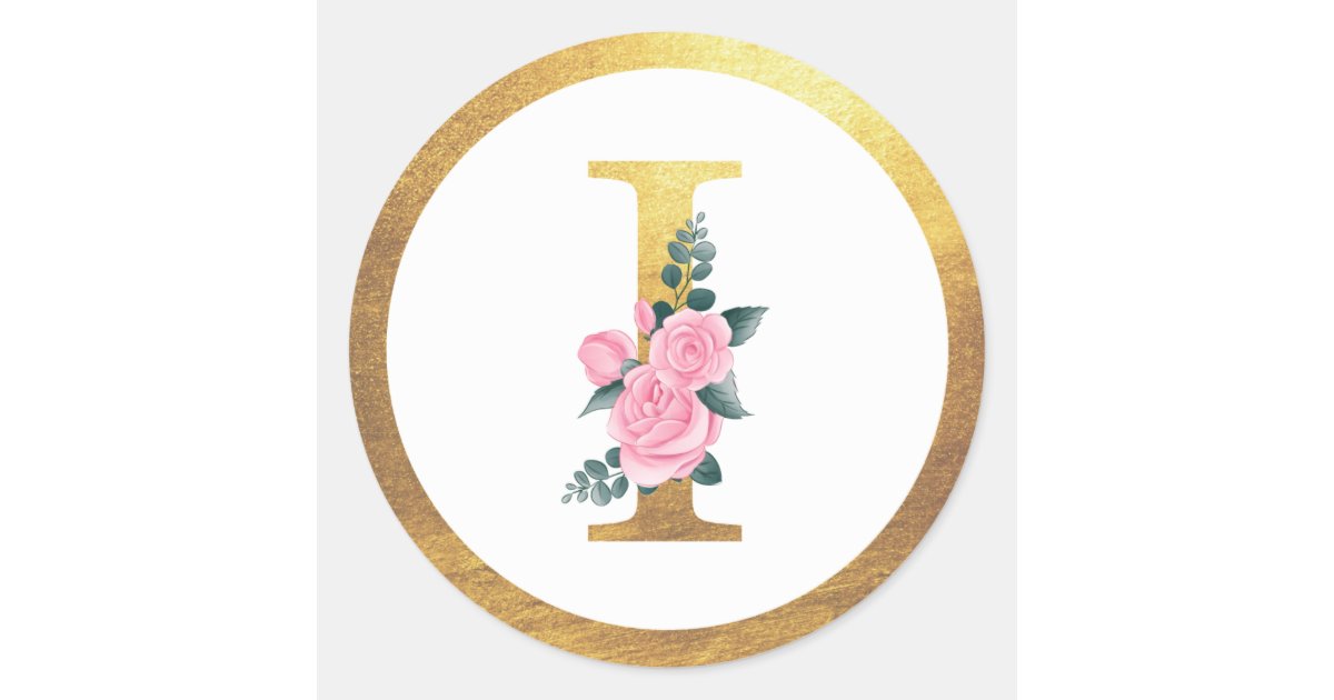 Letter I Monogram Pink Roses Floral & Elegant Gold Classic Round ...