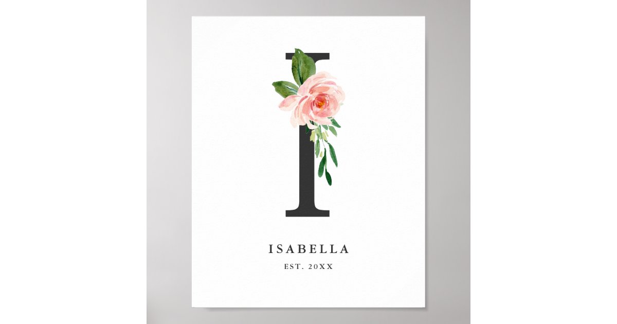 Letter I Monogram Watercolor Peach Florals Nursery Poster | Zazzle