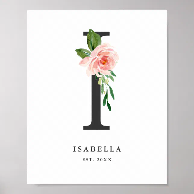 Letter I Monogram Watercolor Peach Florals Nursery Poster | Zazzle