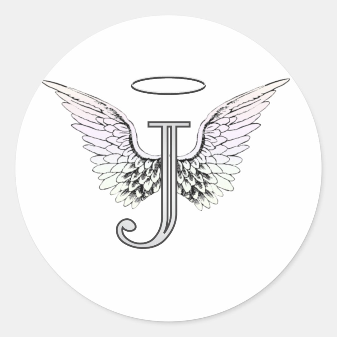Letter J Initial Monogram with Angel Wings & Halo Classic Round Sticker ...