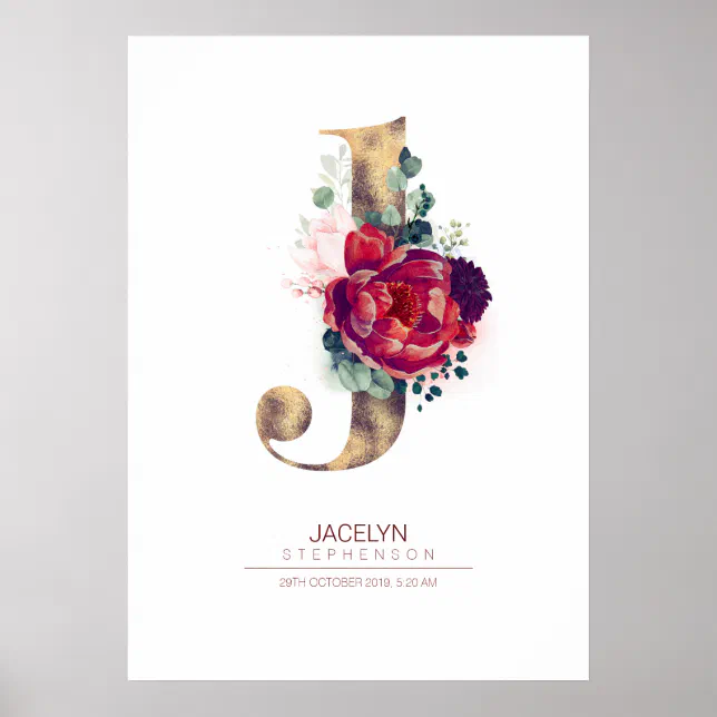 Letter J Monogram Floral Burgundy Red and Gold Poster | Zazzle