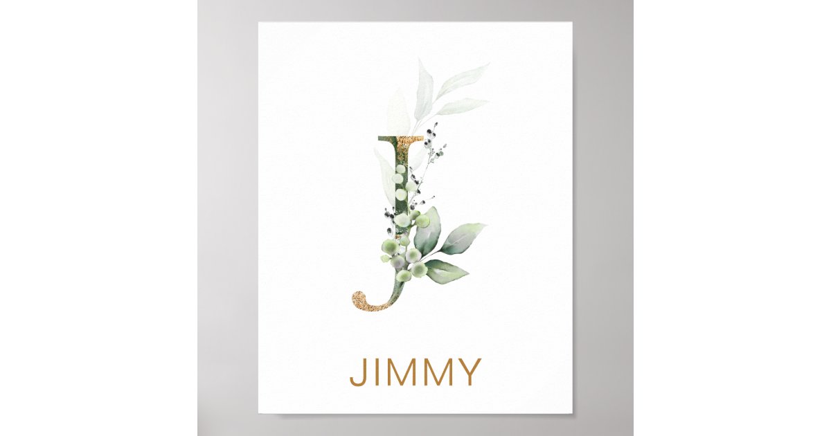 Letter J Monogram Green & gold foliage Nursery Poster | Zazzle