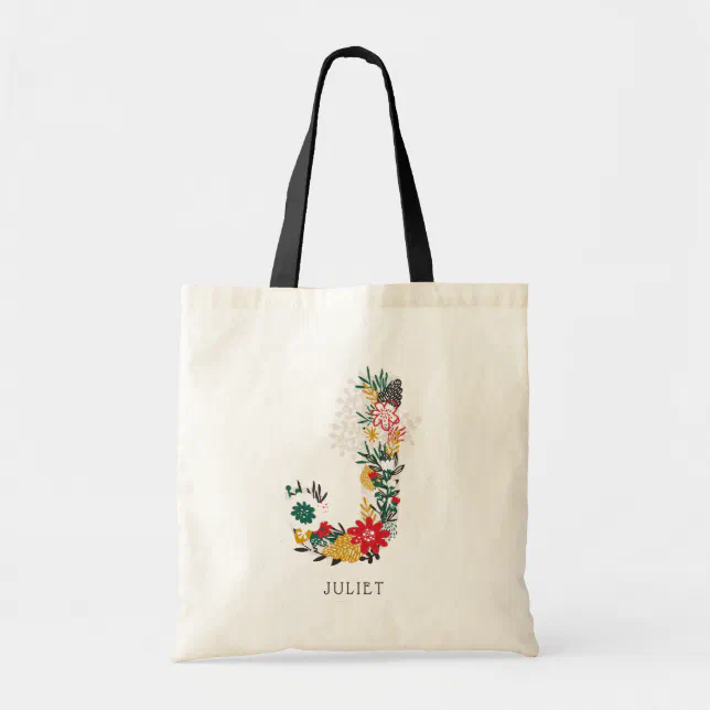 Letter J | Whimsical Floral Letter Monogram I Tote Bag | Zazzle
