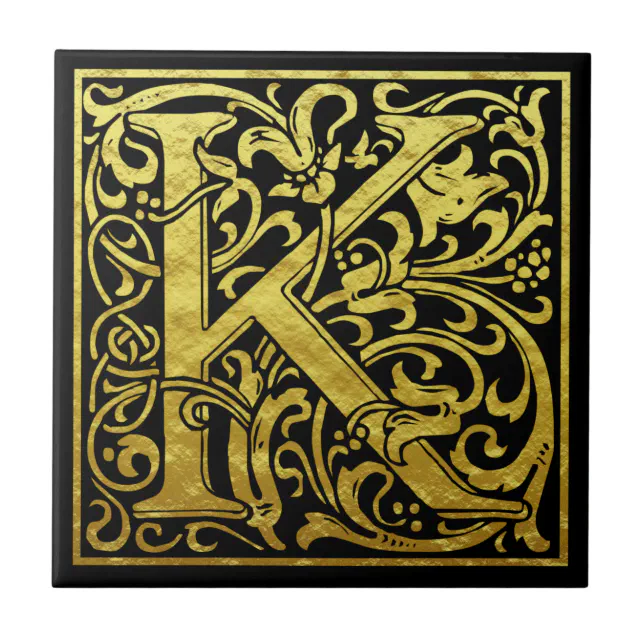 Letter K First Letter Faux Gold Black Ceramic Tile | Zazzle