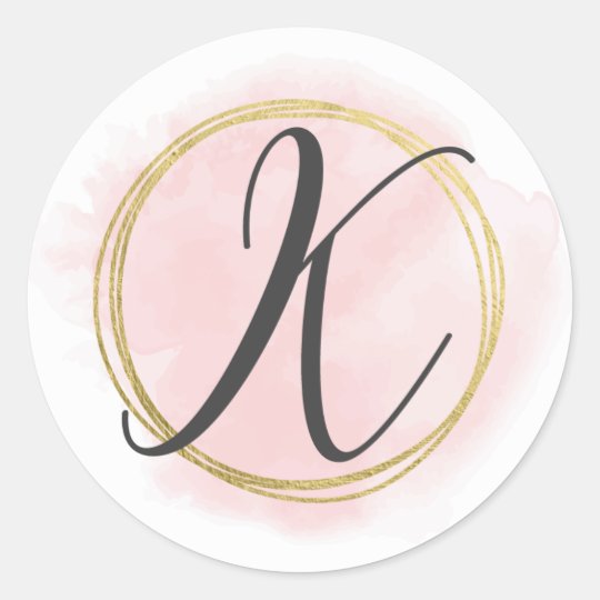 Letter K Monogram Blush Pink Watercolor Gold Chic Classic Round Sticker ...