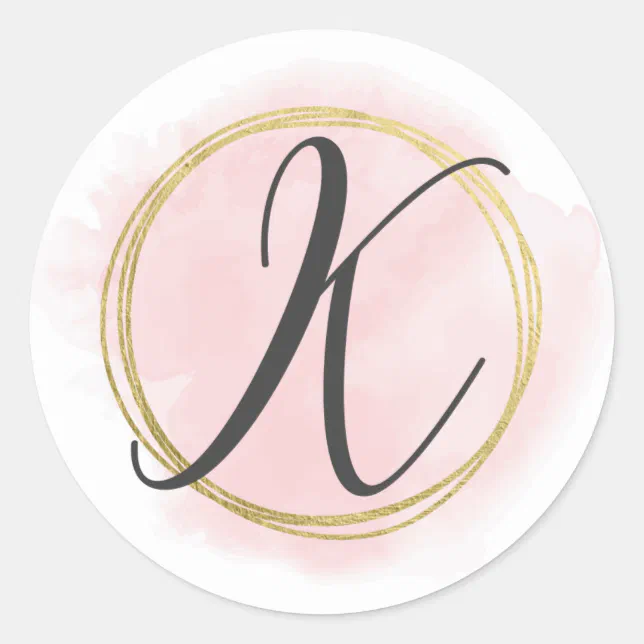 Letter K Monogram Blush Pink Watercolor Gold Chic Classic Round Sticker ...