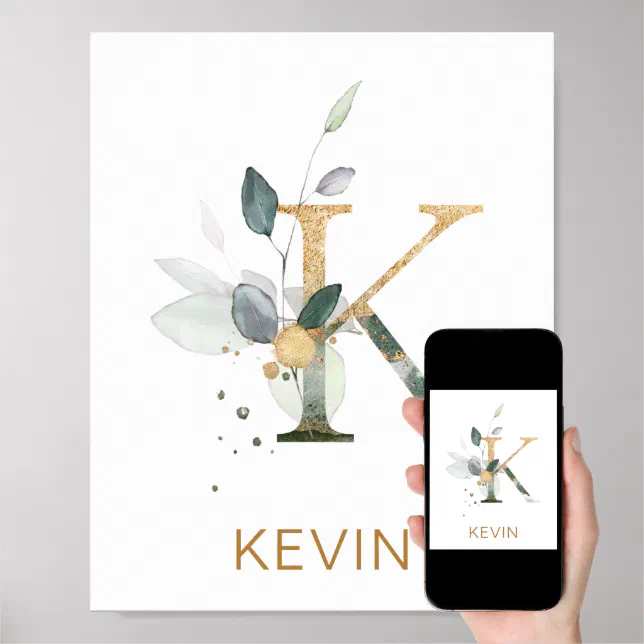 Letter K Monogram Green & gold foliage Nursery Poster | Zazzle