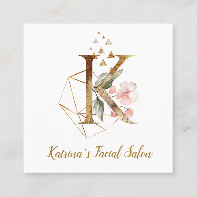 Letter K with Gold Geometric Design and Flowers Square Business Card ...