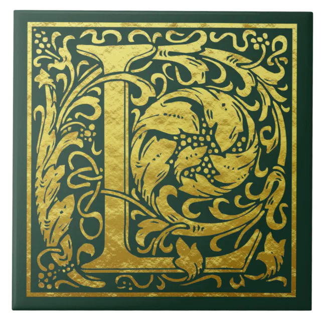 Letter L First Letter Faux Gold on Celtic Green Ceramic Tile | Zazzle