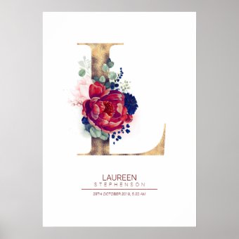 Letter L Monogram Floral Navy Blue and Burgundy Poster | Zazzle