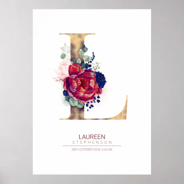 Letter L Monogram Floral Navy Blue and Burgundy Poster | Zazzle