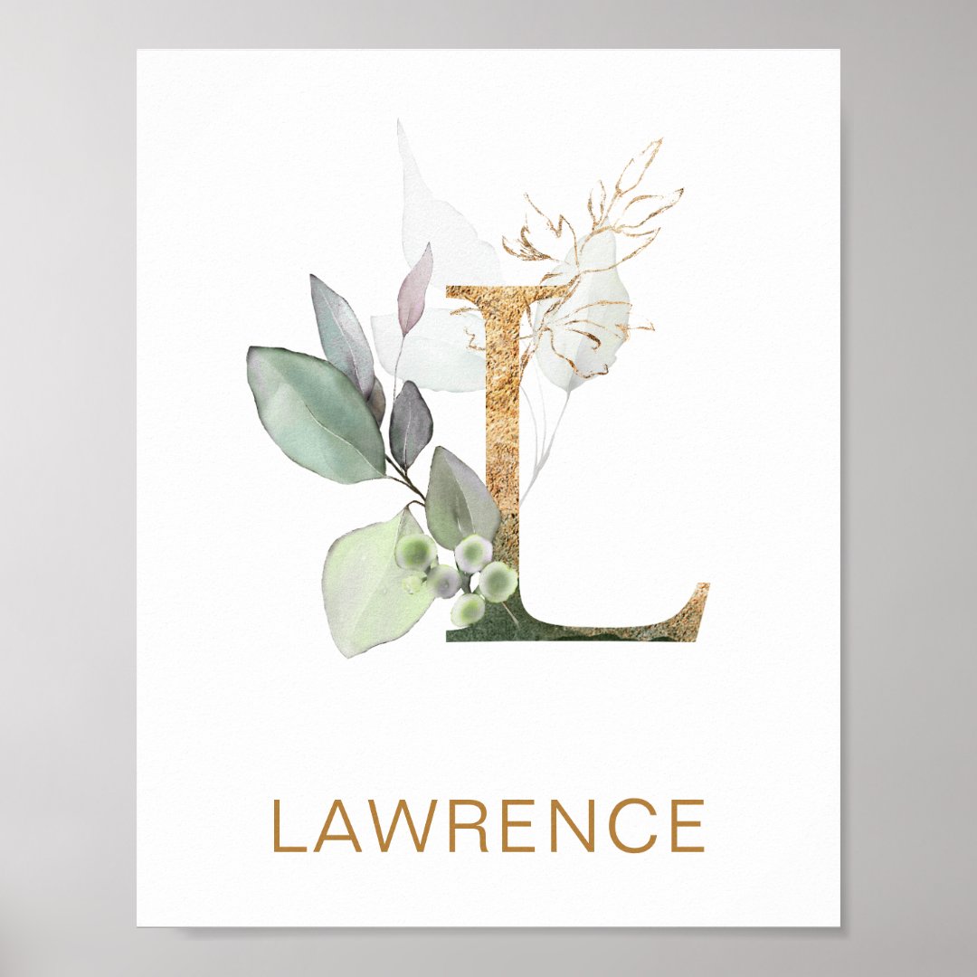 Letter L Monogram Green & gold foliage Nursery Poster | Zazzle