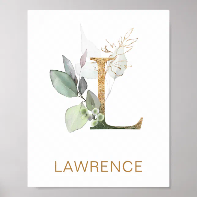 Letter L Monogram Green & gold foliage Nursery Poster | Zazzle