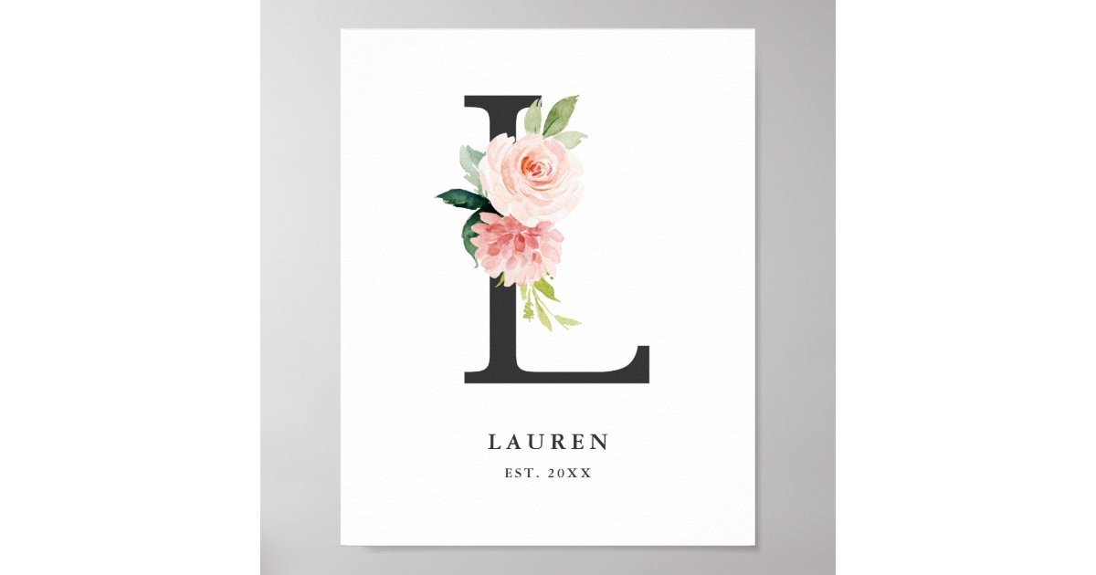 Letter L Monogram Watercolor Peach Florals Nursery Poster | Zazzle