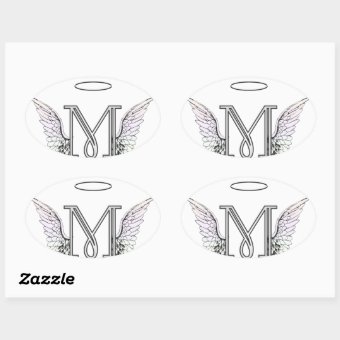Letter M Initial Monogram with Angel Wings & Halo Oval Sticker | Zazzle