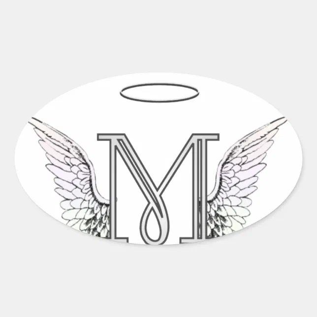 Letter M Initial Monogram with Angel Wings & Halo Oval Sticker | Zazzle