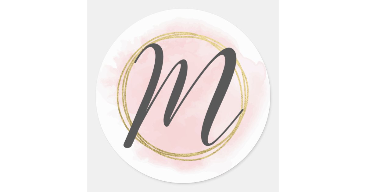 Letter M Monogram Blush Pink Watercolor Gold Chic Classic Round Sticker ...