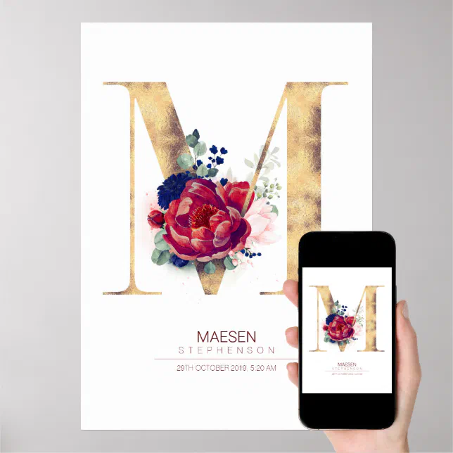 Letter M Monogram Floral Navy Blue and Burgundy Poster | Zazzle