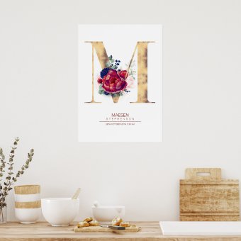 Letter M Monogram Floral Navy Blue and Burgundy Poster | Zazzle