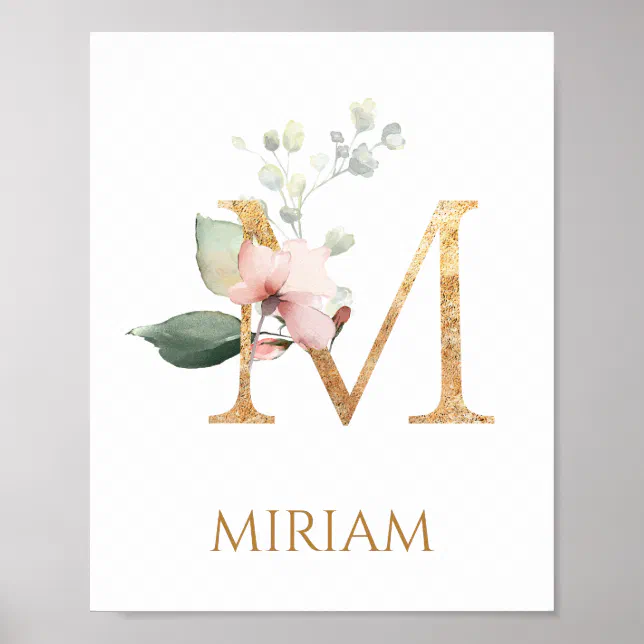 Letter M Monogram Pink Peach rose Nursery Poster | Zazzle
