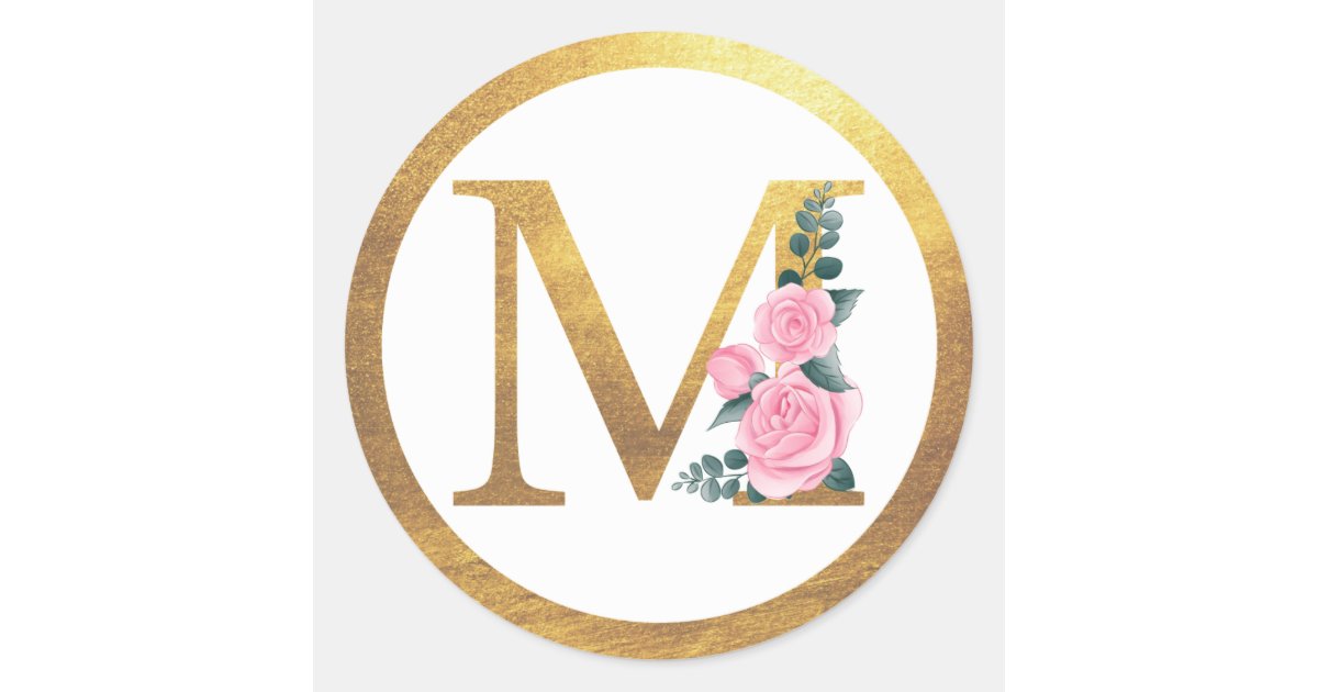 Letter M Monogram Pink Roses Floral & Elegant Gold Classic Round ...