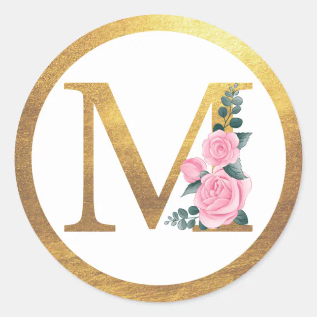 Letter M Monogram Pink Roses Floral & Elegant Gold Classic Round ...