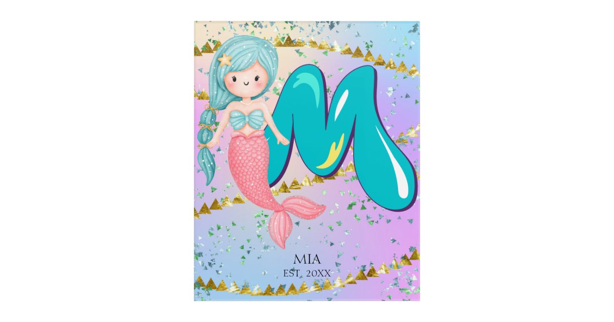 Letter M Monogram Watercolor Cute Mermaid Nursery Acrylic Print | Zazzle