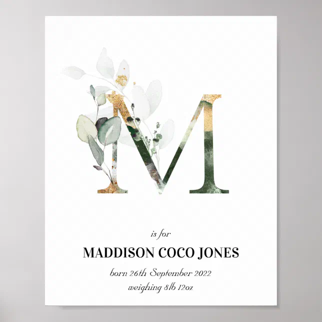 Letter M New Baby Monogram Birth Print Greenery | Zazzle