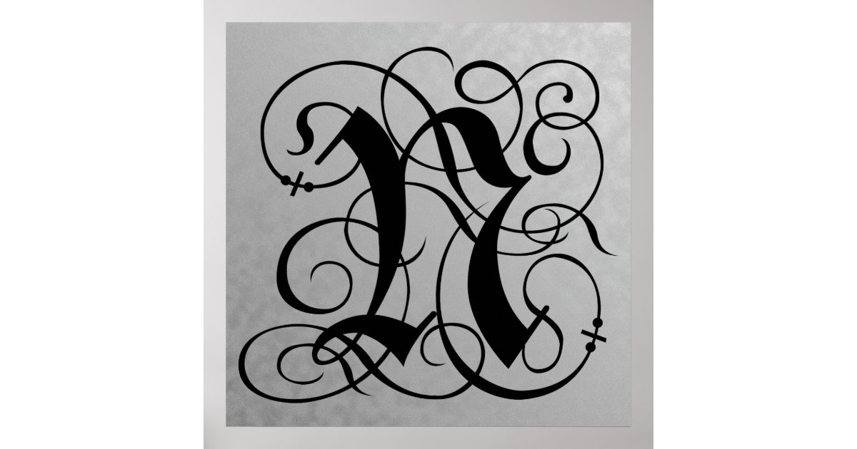 Letter N, Gothic Monogram Black Poster | Zazzle