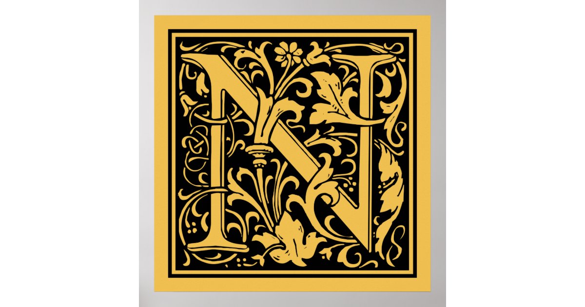 Letter N Medieval Monogram Art Nouveau Poster | Zazzle