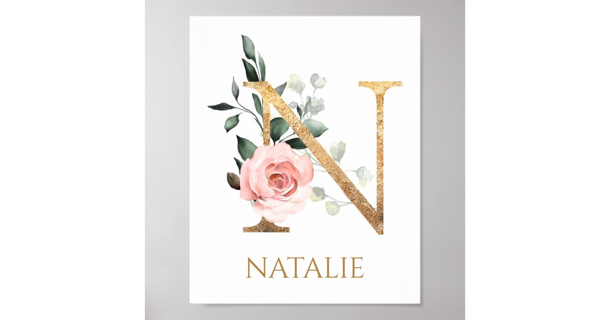 Letter N Monogram pink rose Nursery Poster | Zazzle