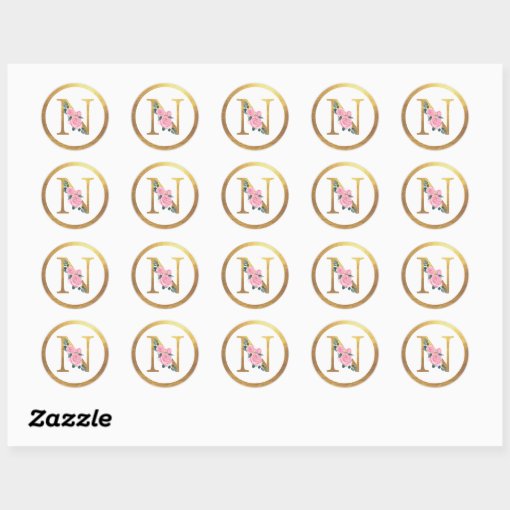 Letter N Monogram Pink Roses Floral & Elegant Gold Classic Round ...