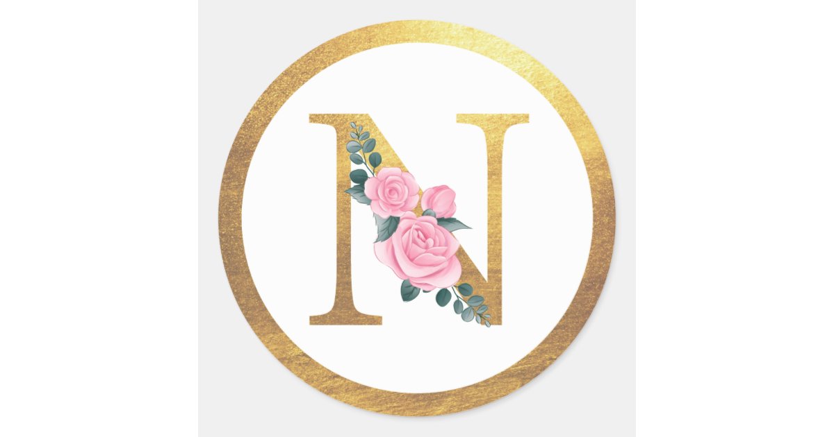 Letter N Monogram Pink Roses Floral & Elegant Gold Classic Round ...